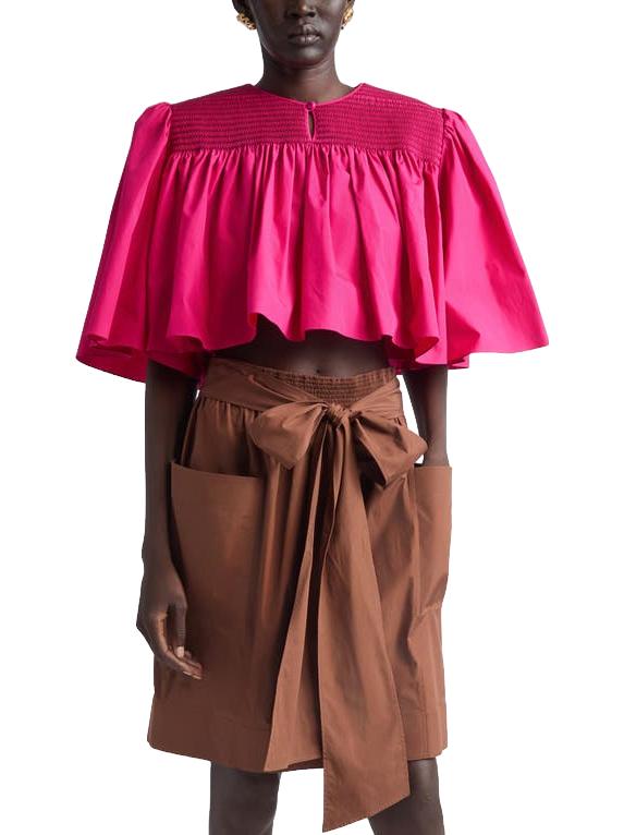 CHLOÉ Chloé Cropped Smocked Yoke Cotton Poplin Top with Puff Shoulders